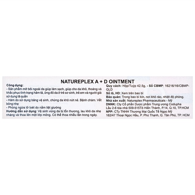 Hỗ trợ giảm và ngăn ngừa hăm tã kem Natureplex A+D Ointment tuýp 42.5g