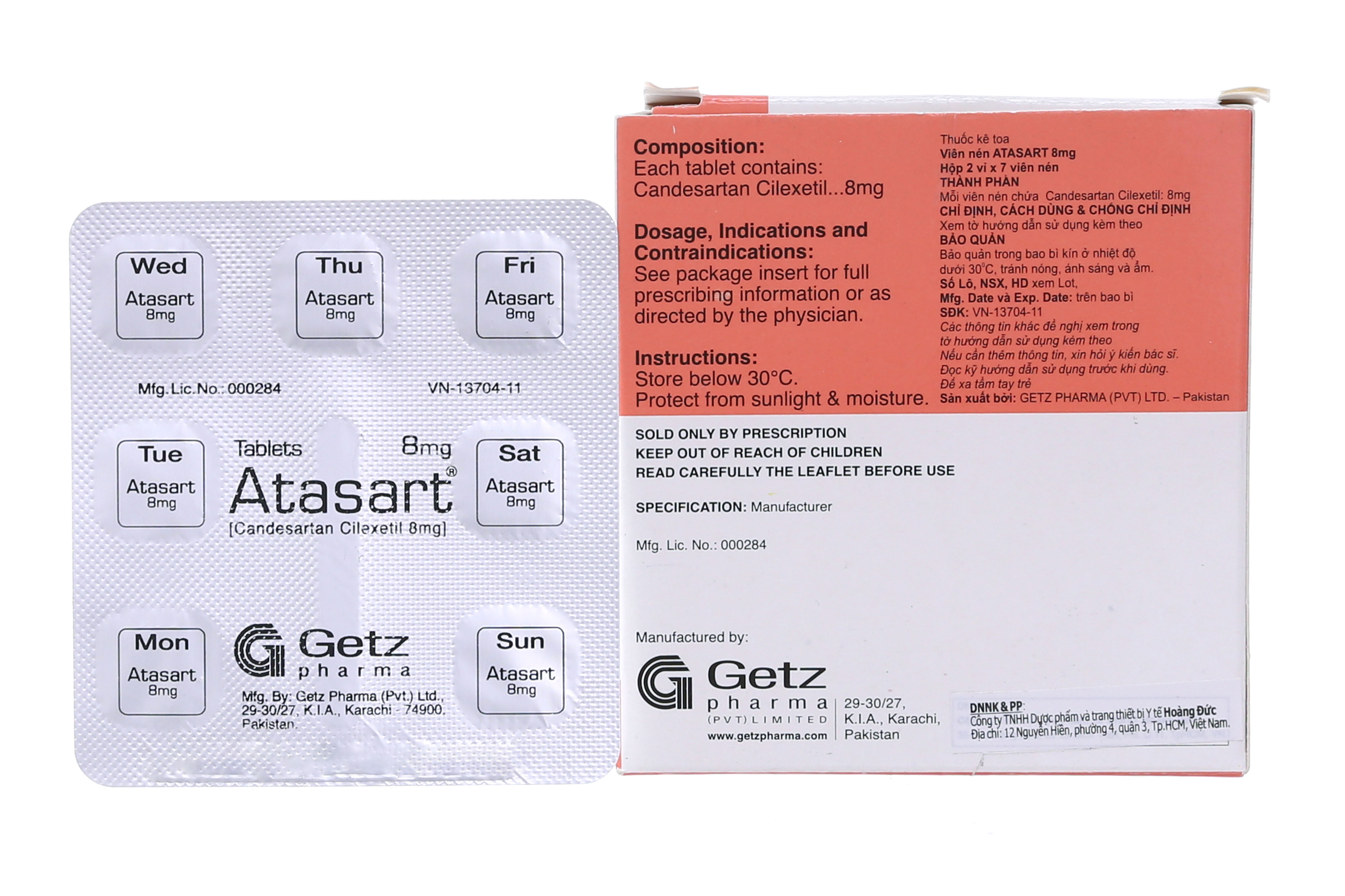 Thuốc trị cao huyết áp Atasart 8mg hộp 14 viên | Medigo