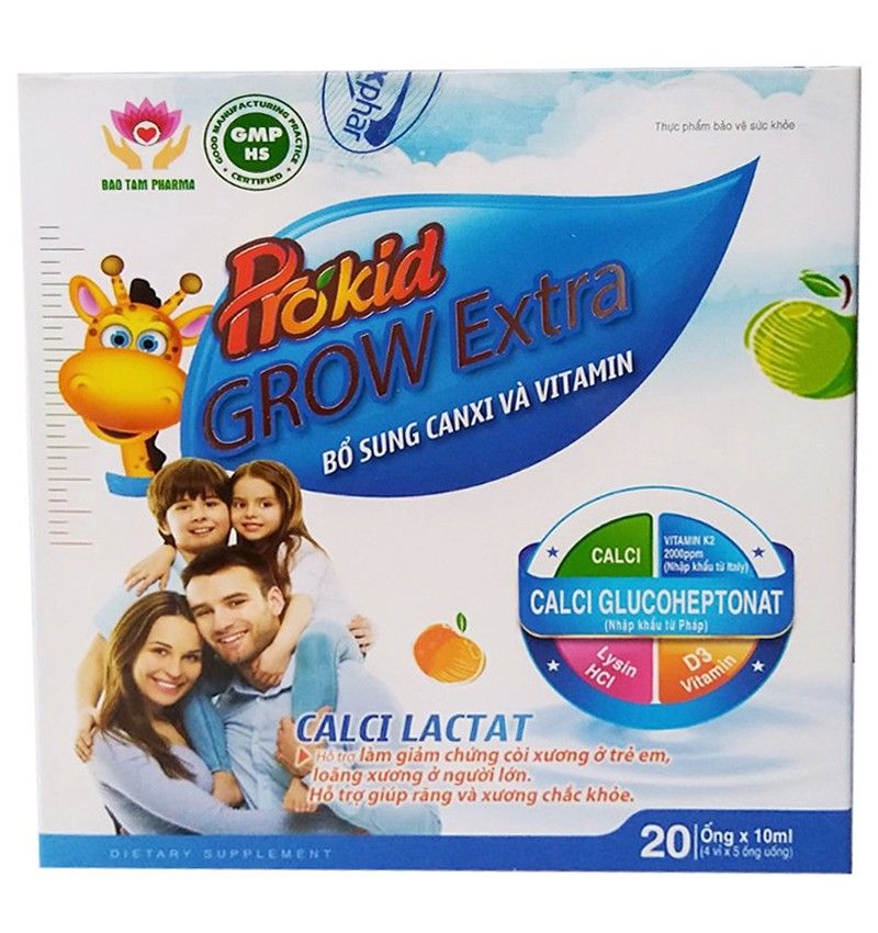 Bổ sung canxi và vitamin, giúp xương răng chắc khỏe Prokid Grow Extra hộp 4 vỉ x 5 ống x 10ml