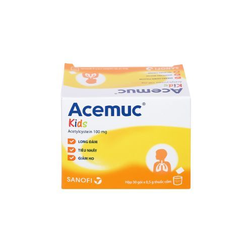 Thuốc cốm long đàm, giảm ho Acemuc Kids 100mg hộp 30 gói x 0.5g | Medigo