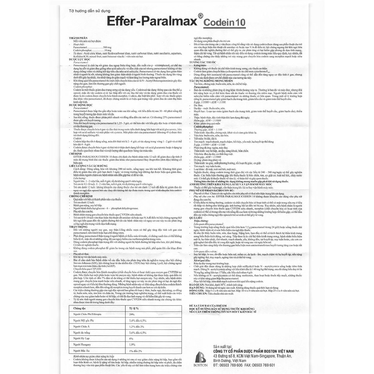 Thuốc giảm đau, hạ sốt Effer-Paralmax Codein 10 hộp 5 vỉ x 4 viên