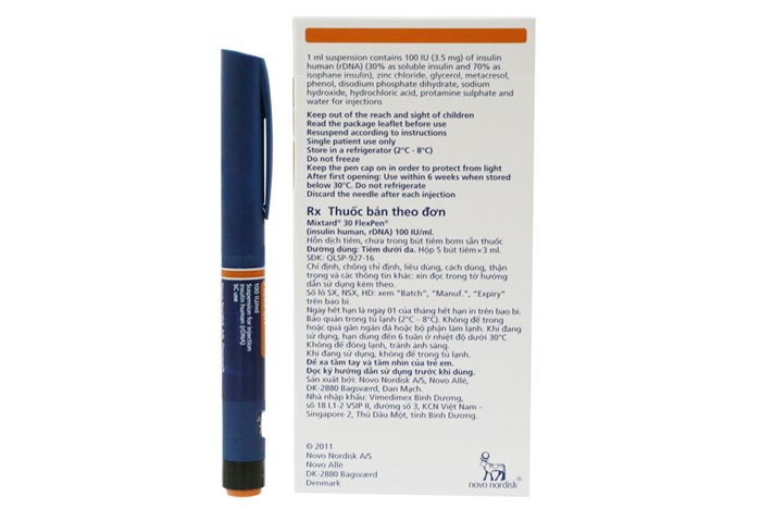 Bút tiêm Insulin Mixtard 30 Flexpen 100 IU/ml hộp 5 bút x 3ml