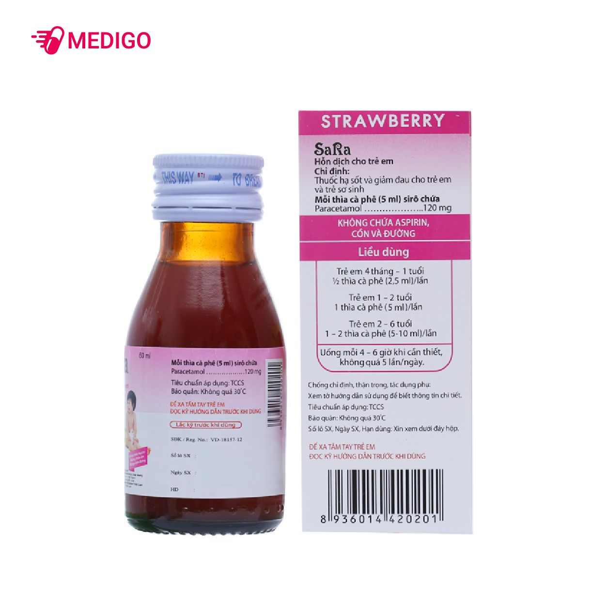 Siro giảm đau, hạ sốt cho trẻ em hương dâu Sara chai 60ml | Medigo