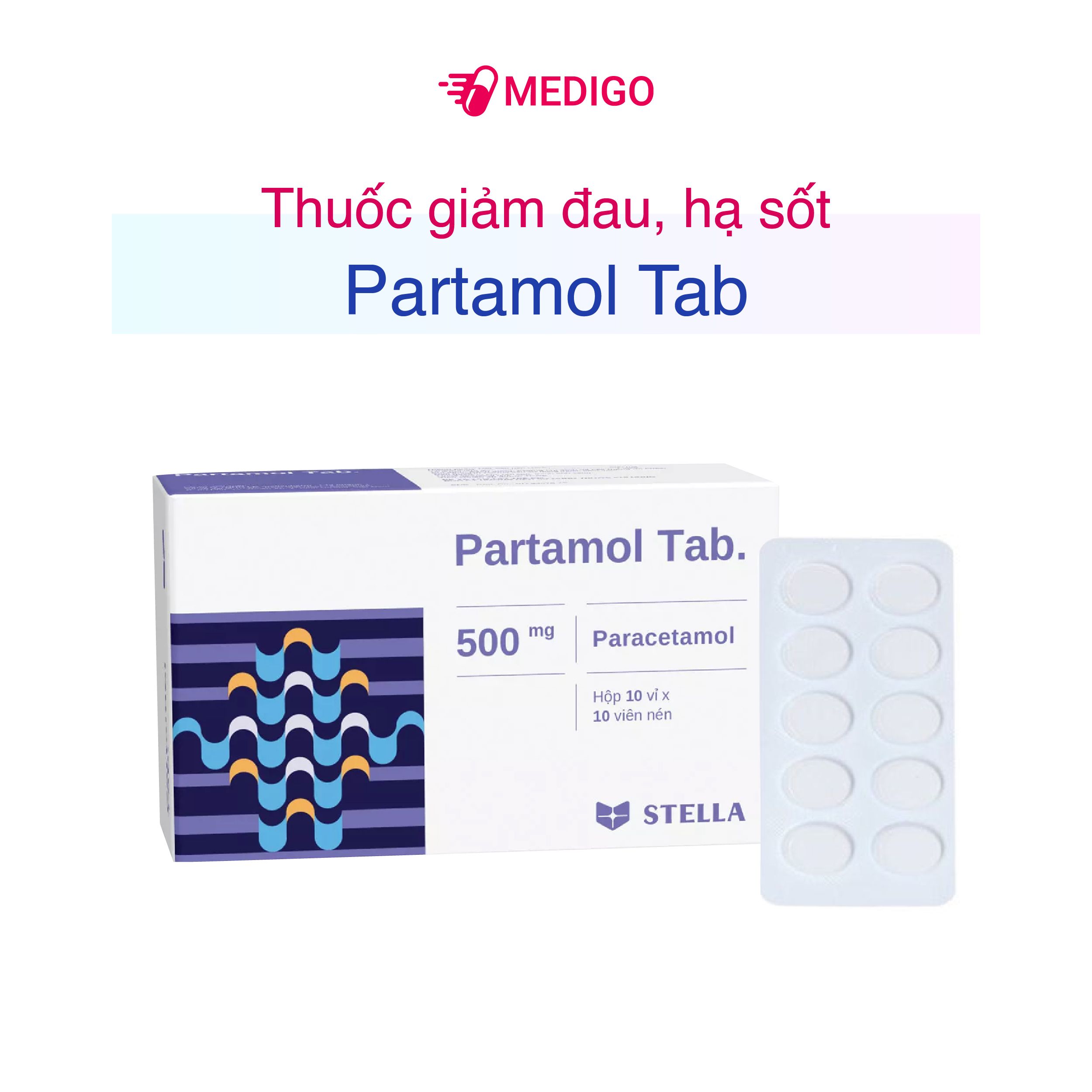 Thuốc giảm đau, hạ sốt Partamol Tab hộp 10 vỉ x 10 viên nén | Medigo