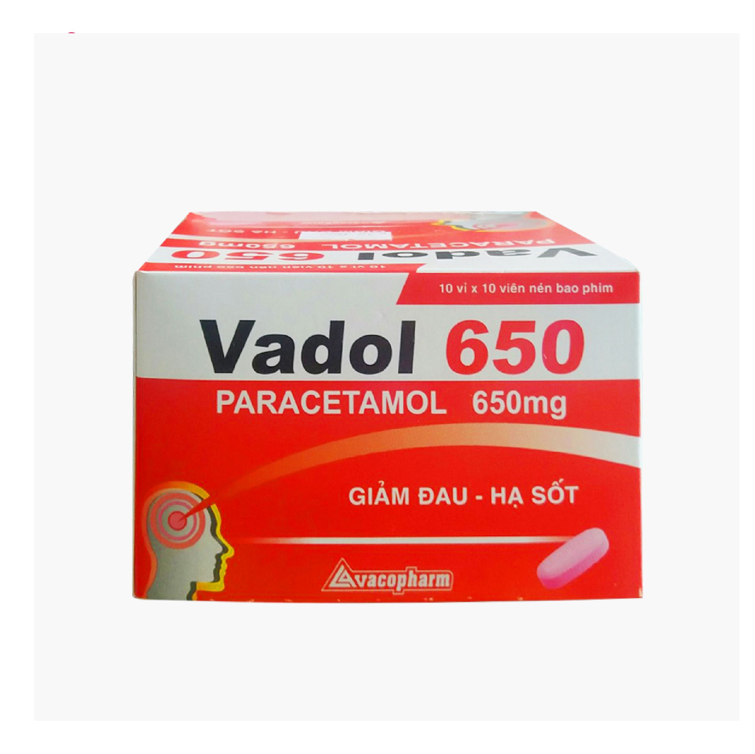 Thuốc giảm đau, hạ sốt Vadol 650 hộp 10 vỉ x 10 viên nén
