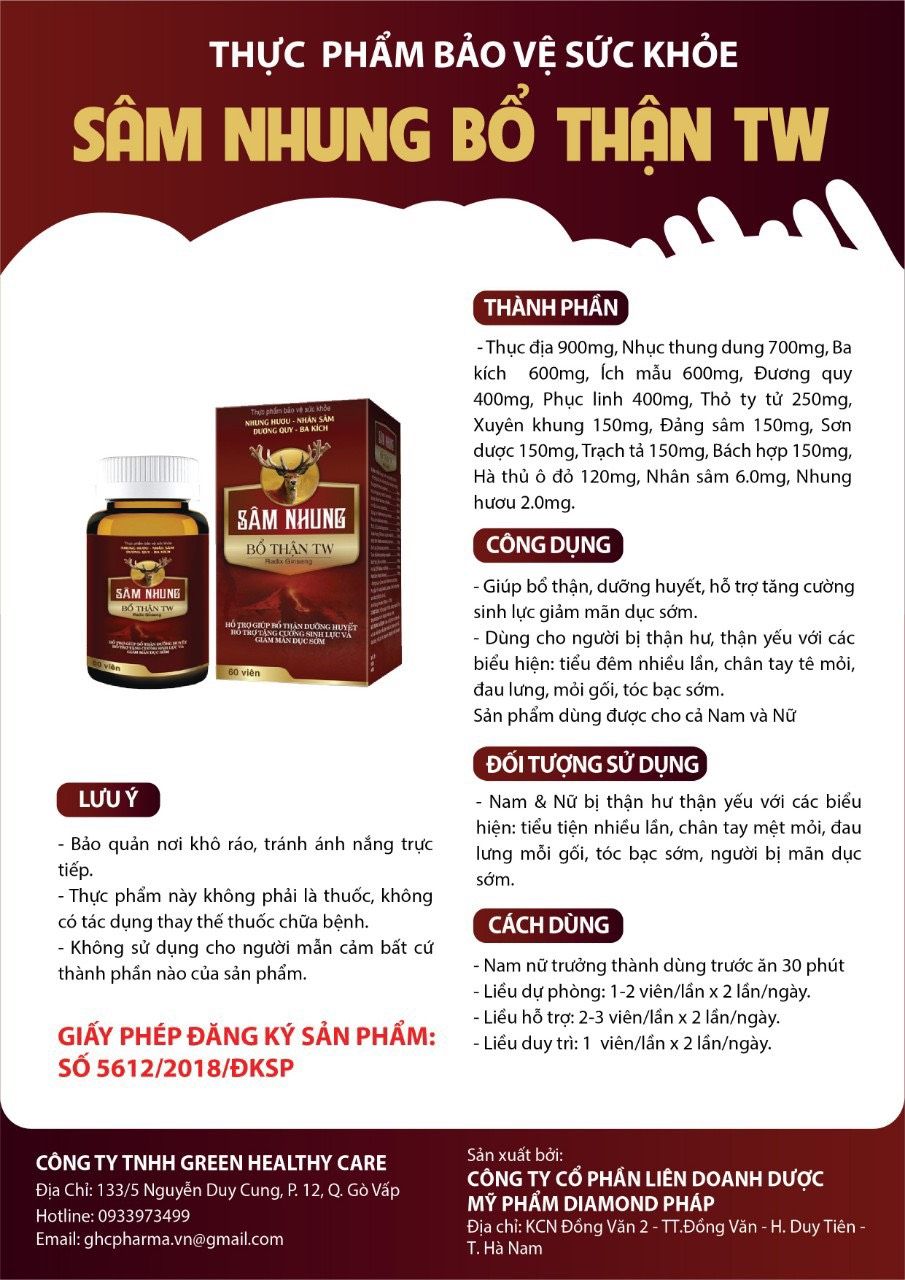 Bổ thận dưỡng huyết, tăng cường sinh lực SÂM NHUNG BỔ THẬN TW hộp 1 lọ ...