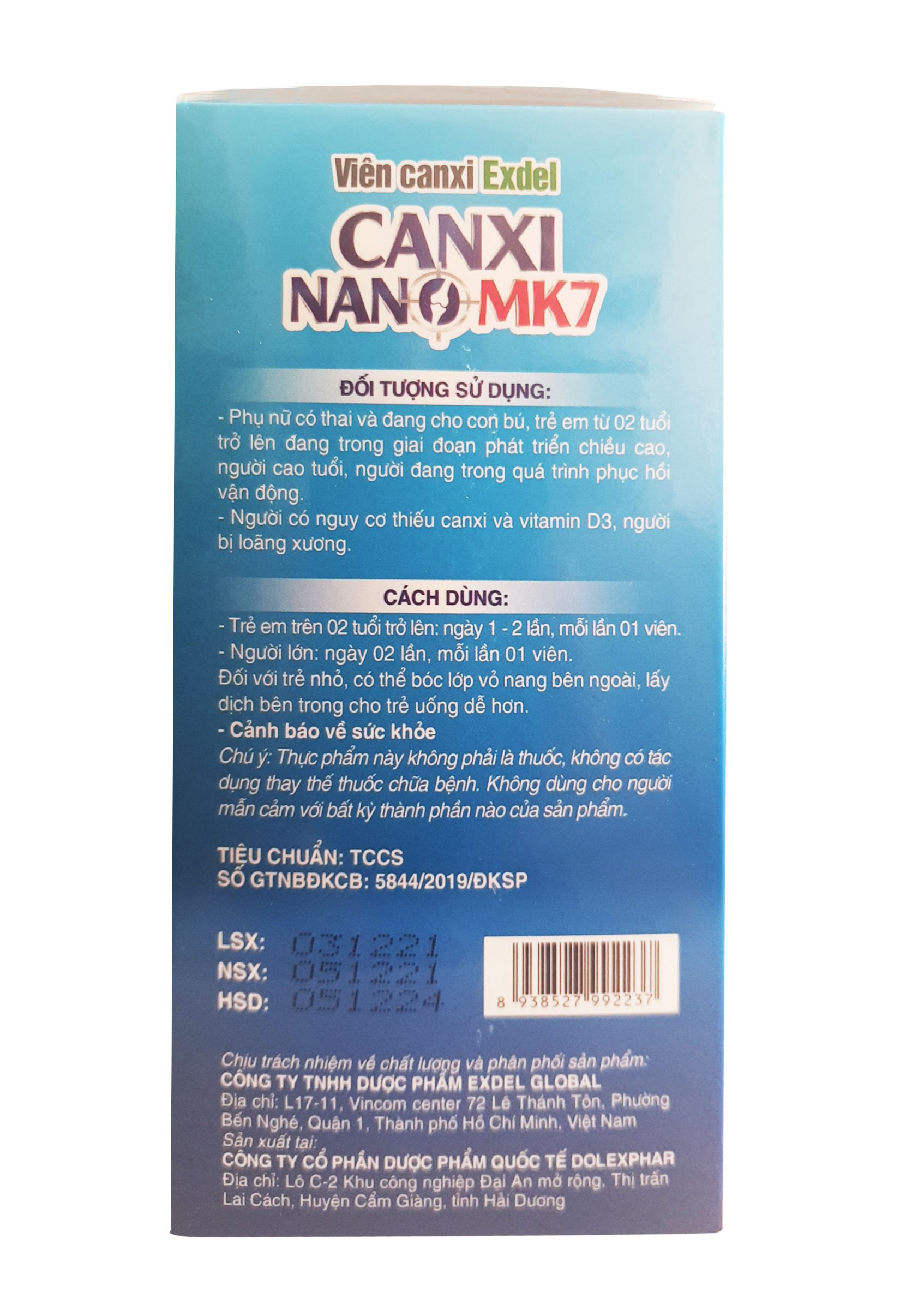 Bổ sung calci giúp xương chắc khỏe Viên Canxi Exdel Canxi Nano MK7 hộp 1 lọ 60 viên | Medigo