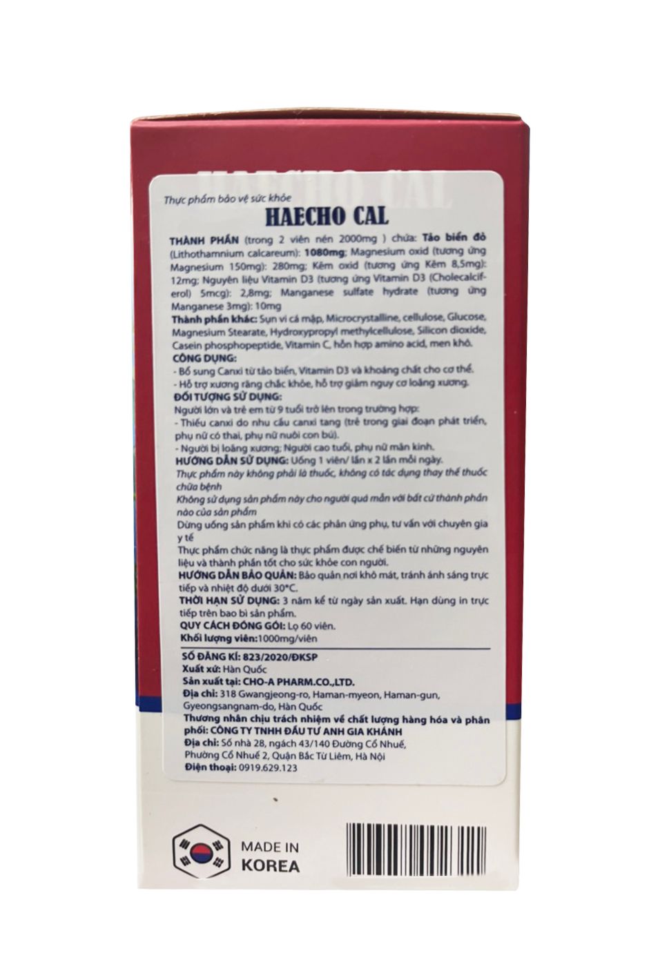 Viên uống bổ sung canxi từ tảo biển HAECHO CAL hộp 1 lọ 60 viên