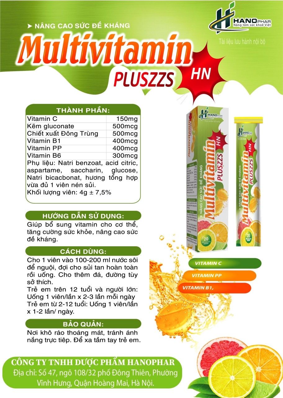 Viên sủi nâng cao sức đề kháng Multivitamin PLUSZZS HN (Hanophar) hộp 1 tuýp 20 viên